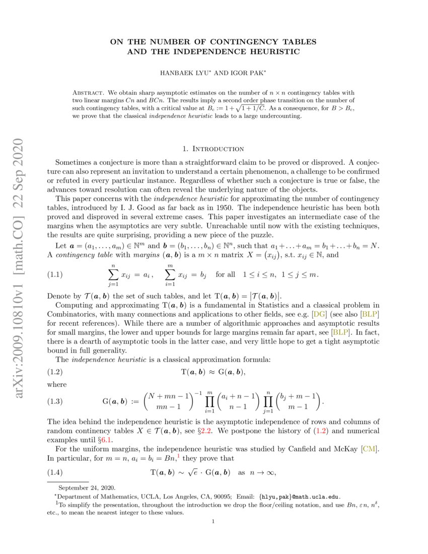 On the number of contingency tables and the independence heuristic | DeepAI