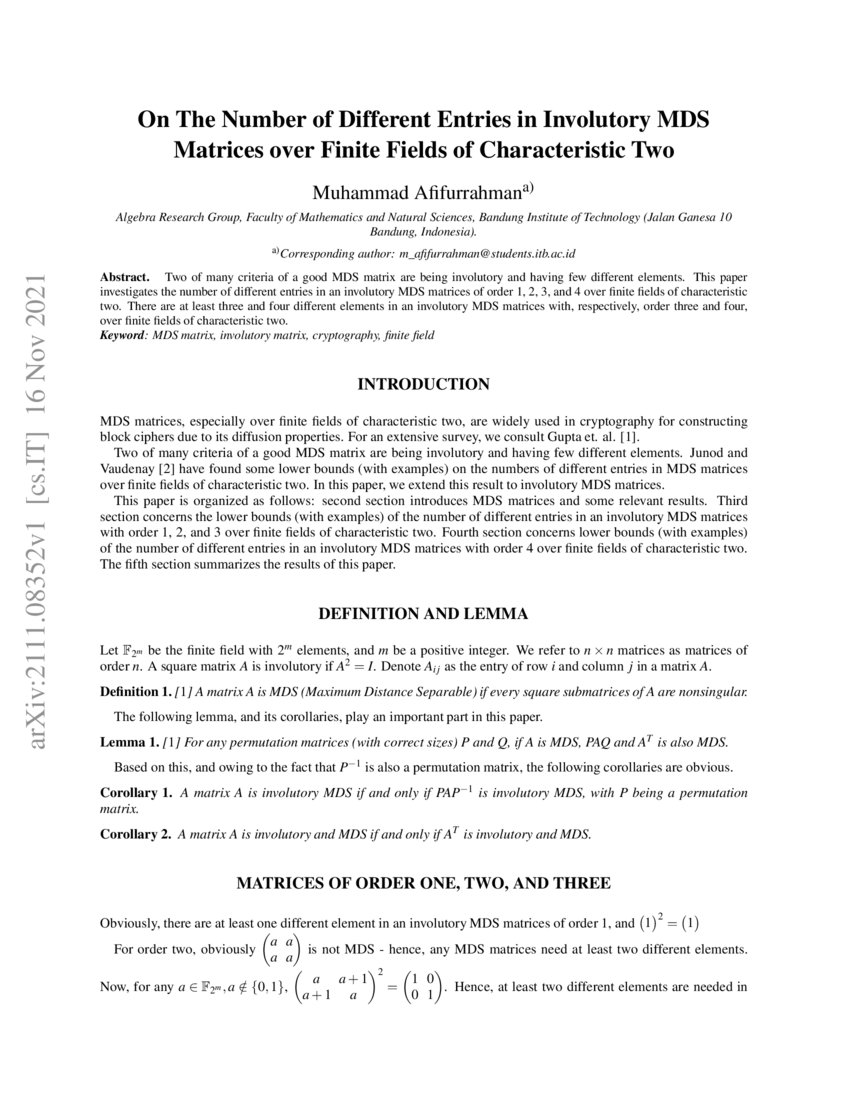 On The Number of Different Entries in Involutory MDS Matrices over Finite Fields of ...