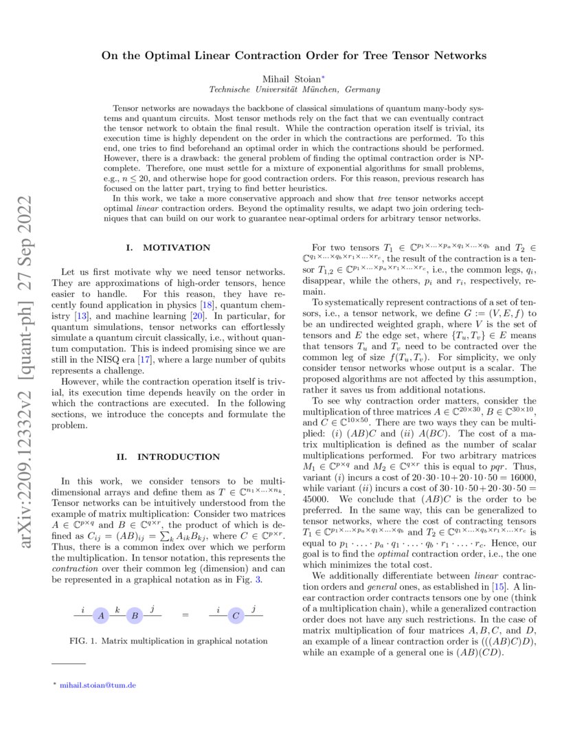 On the Optimal Linear Contraction Order for Tree Tensor Networks | DeepAI