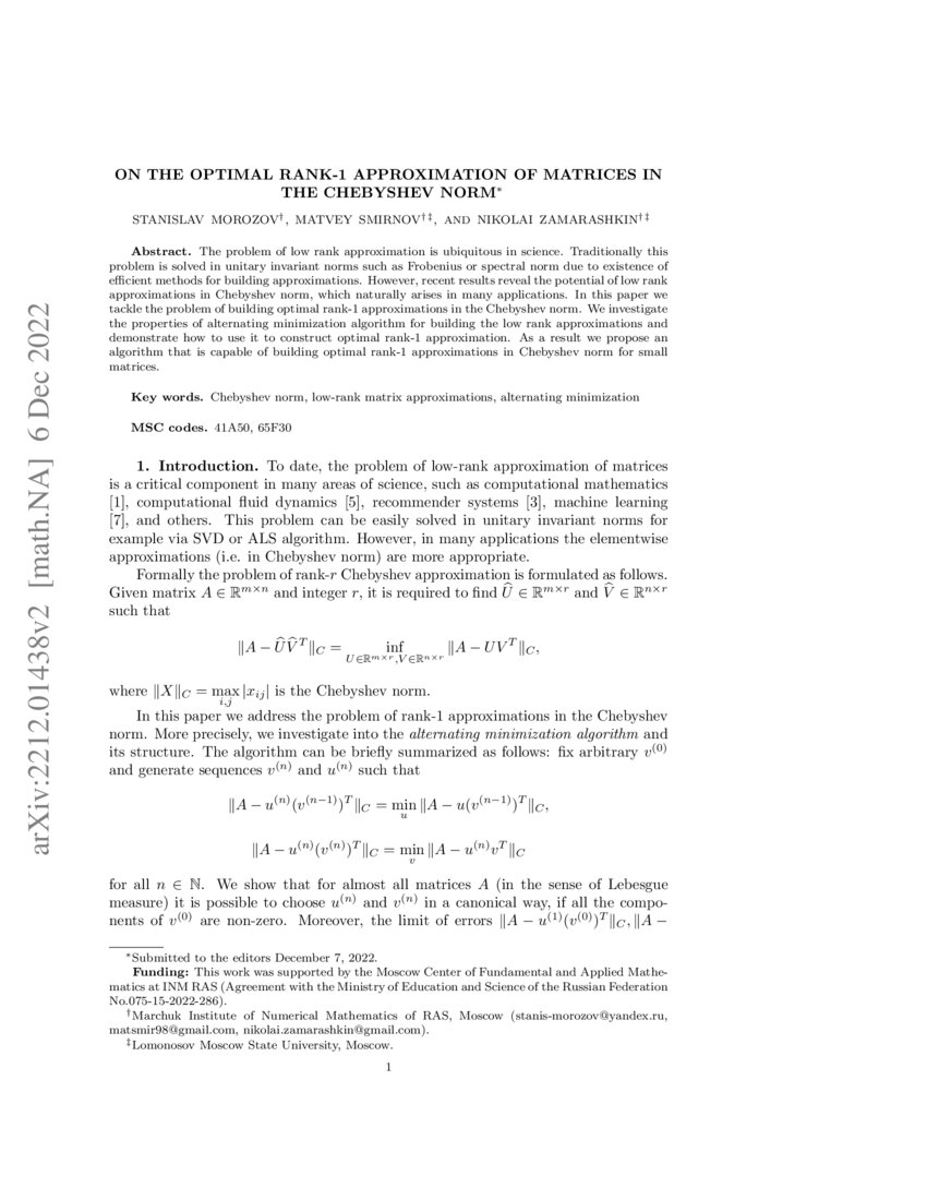 On the optimal rank-1 approximation of matrices in the Chebyshev norm | DeepAI