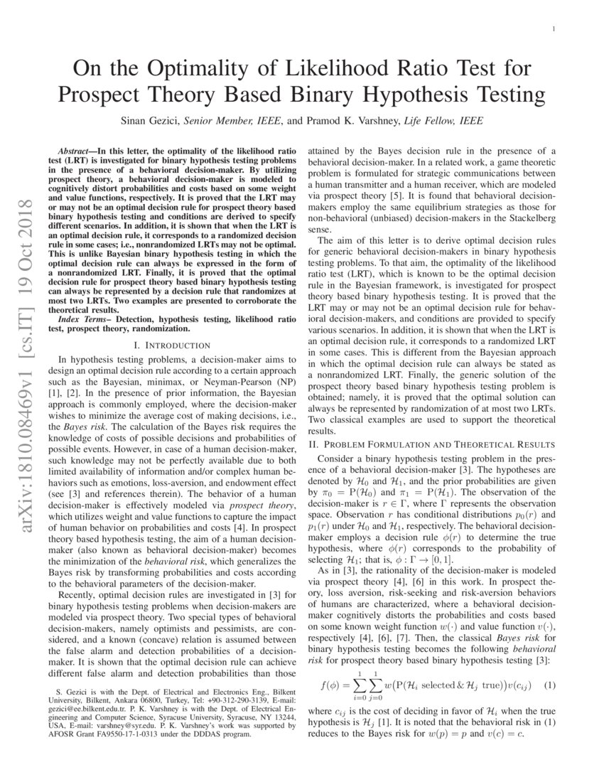 On the optimality of likelihood ratio test for prospect theory based ...