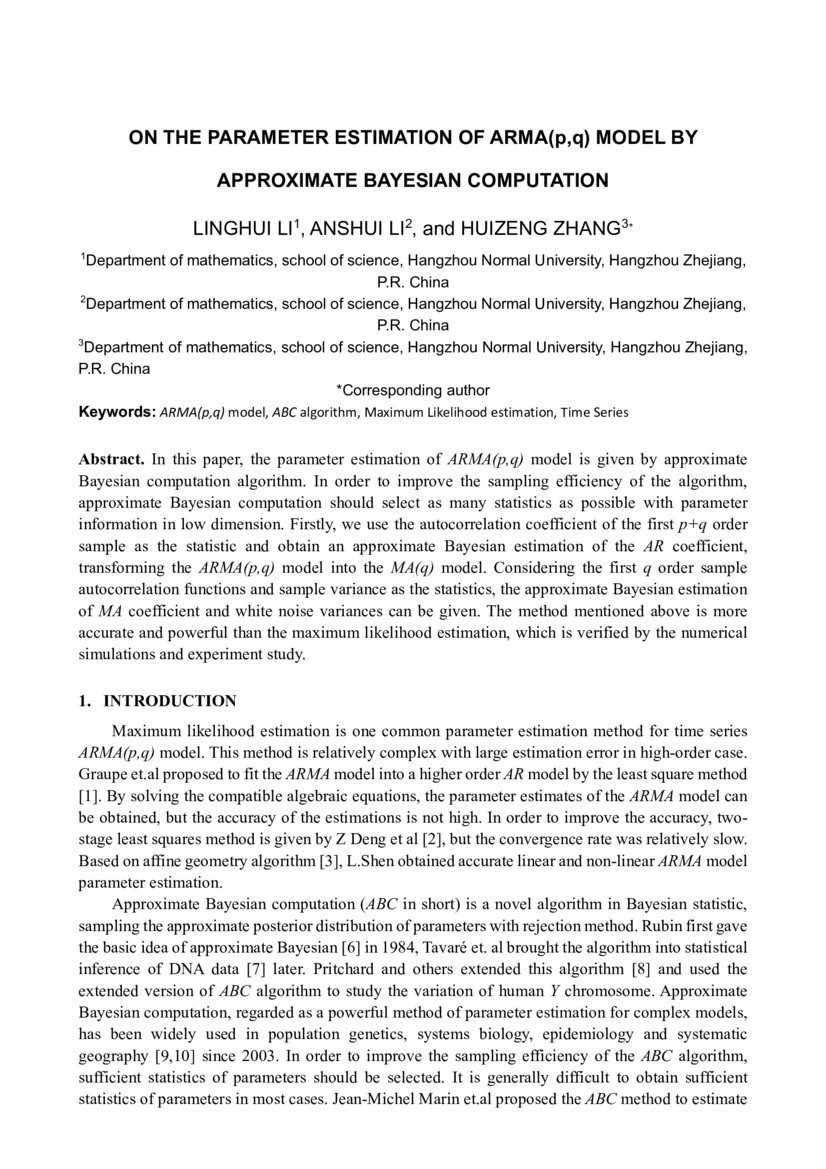 On the parameter estimation of ARMA(p,q) model by approximate Bayesian computation | DeepAI