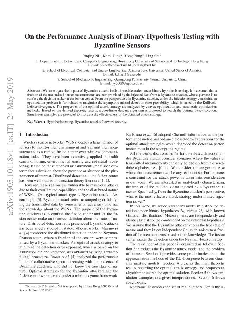 On The Performance Analysis Of Binary Hypothesis Testing With Byzantine Sensors Deepai 