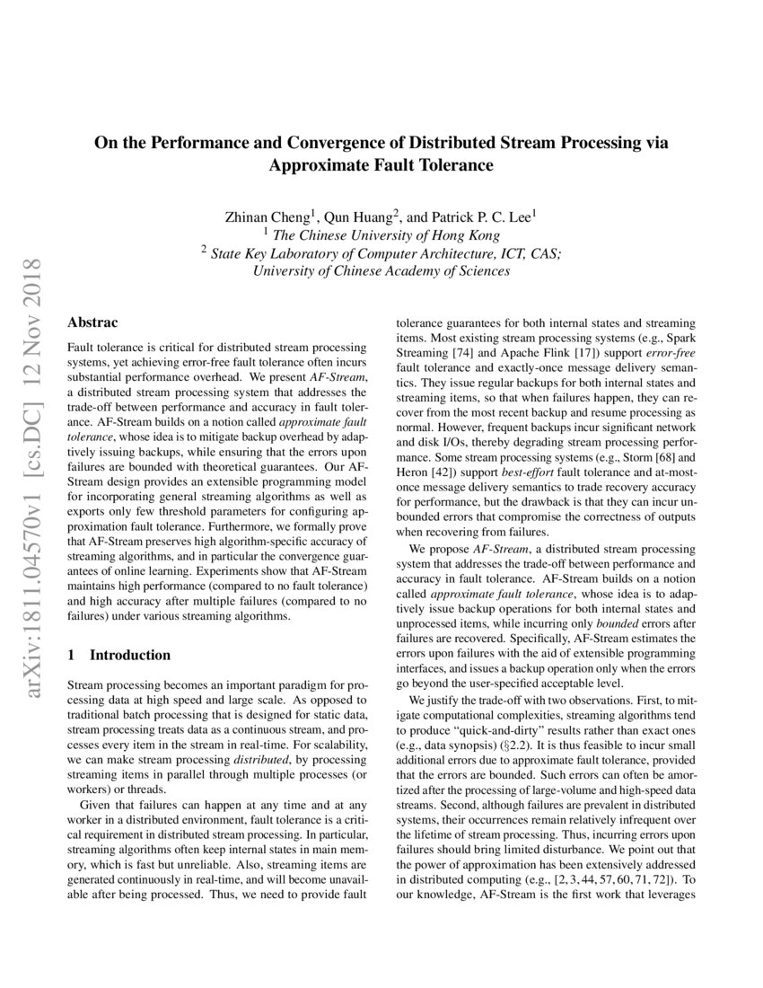 On The Performance And Convergence Of Distributed Stream Processing Via Approximate Fault