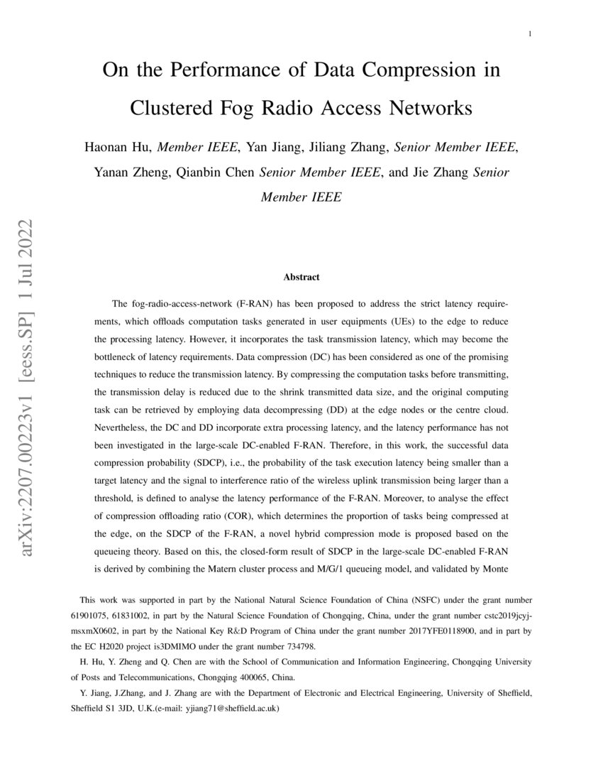 On The Performance Of Data Compression In Clustered Fog Radio Access Networks Deepai
