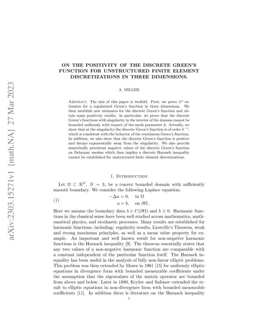 On The Positivity Of The Discrete Green S Function For Unstructured Finite Element