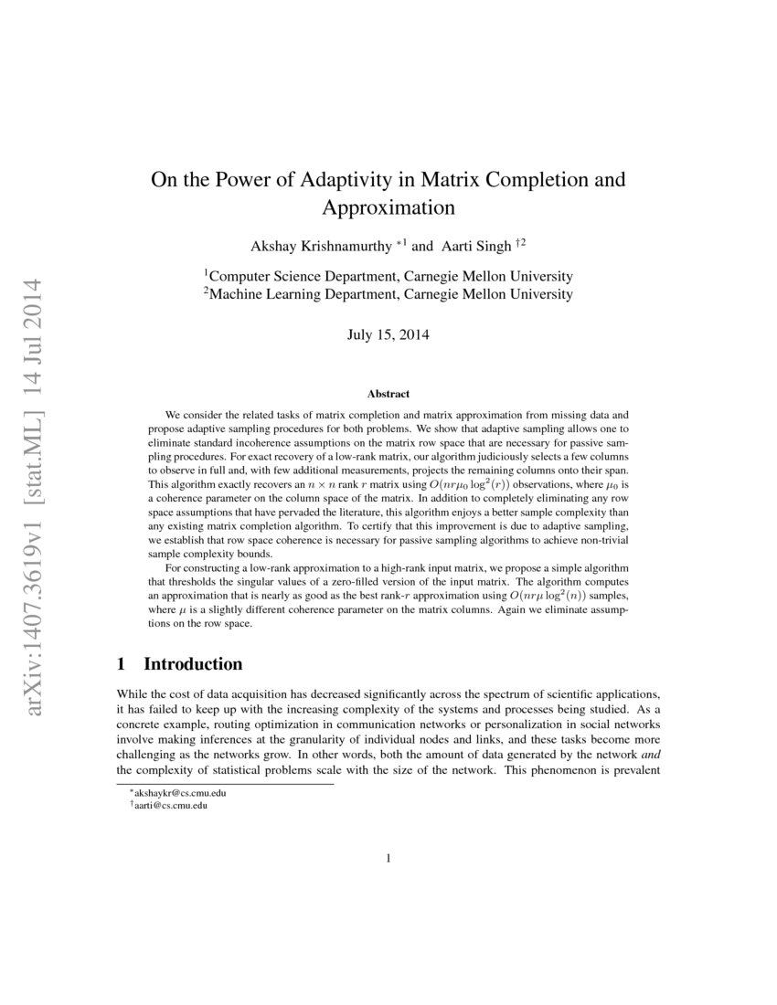 On the Power of Adaptivity in Matrix Completion and Approximation | DeepAI