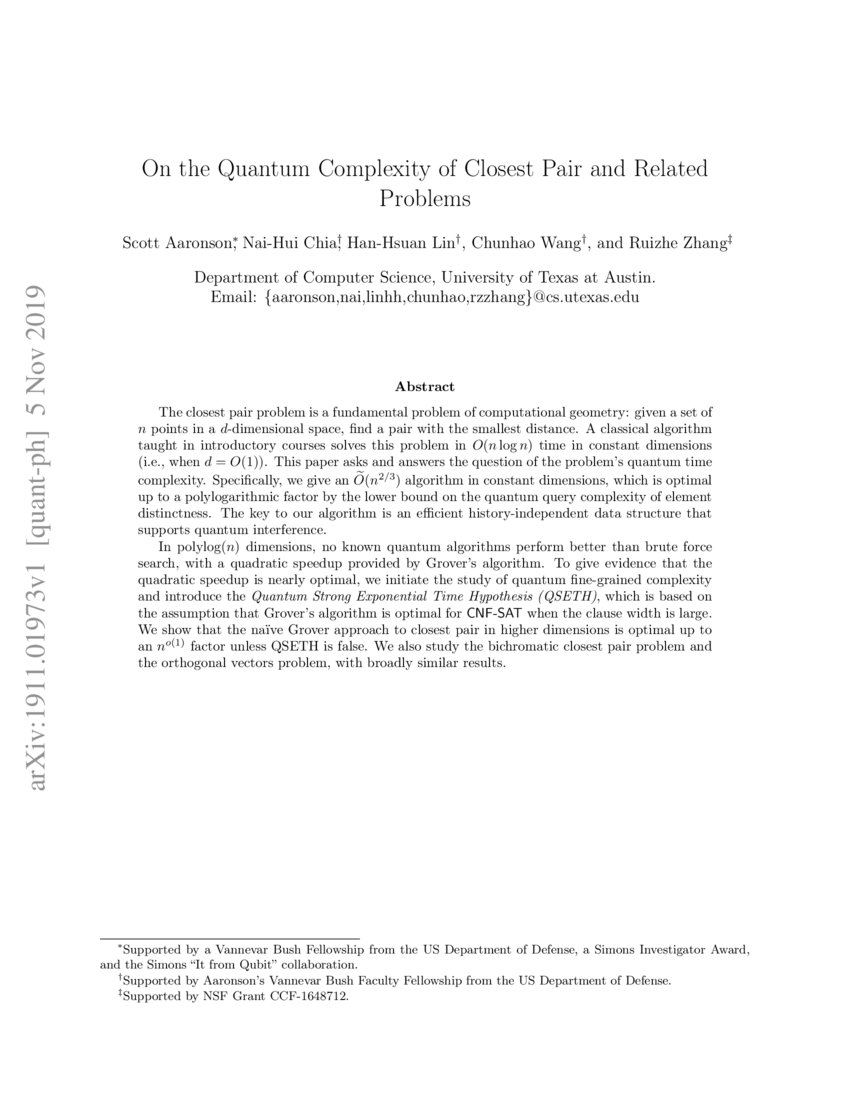 On the Quantum Complexity of Closest Pair and Related Problems | DeepAI