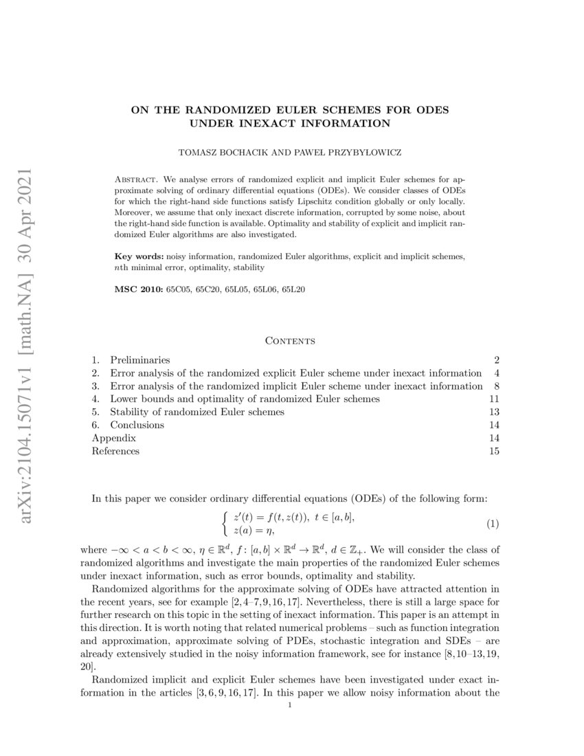 On The Randomized Euler Schemes For Odes Under Inexact Information Deepai