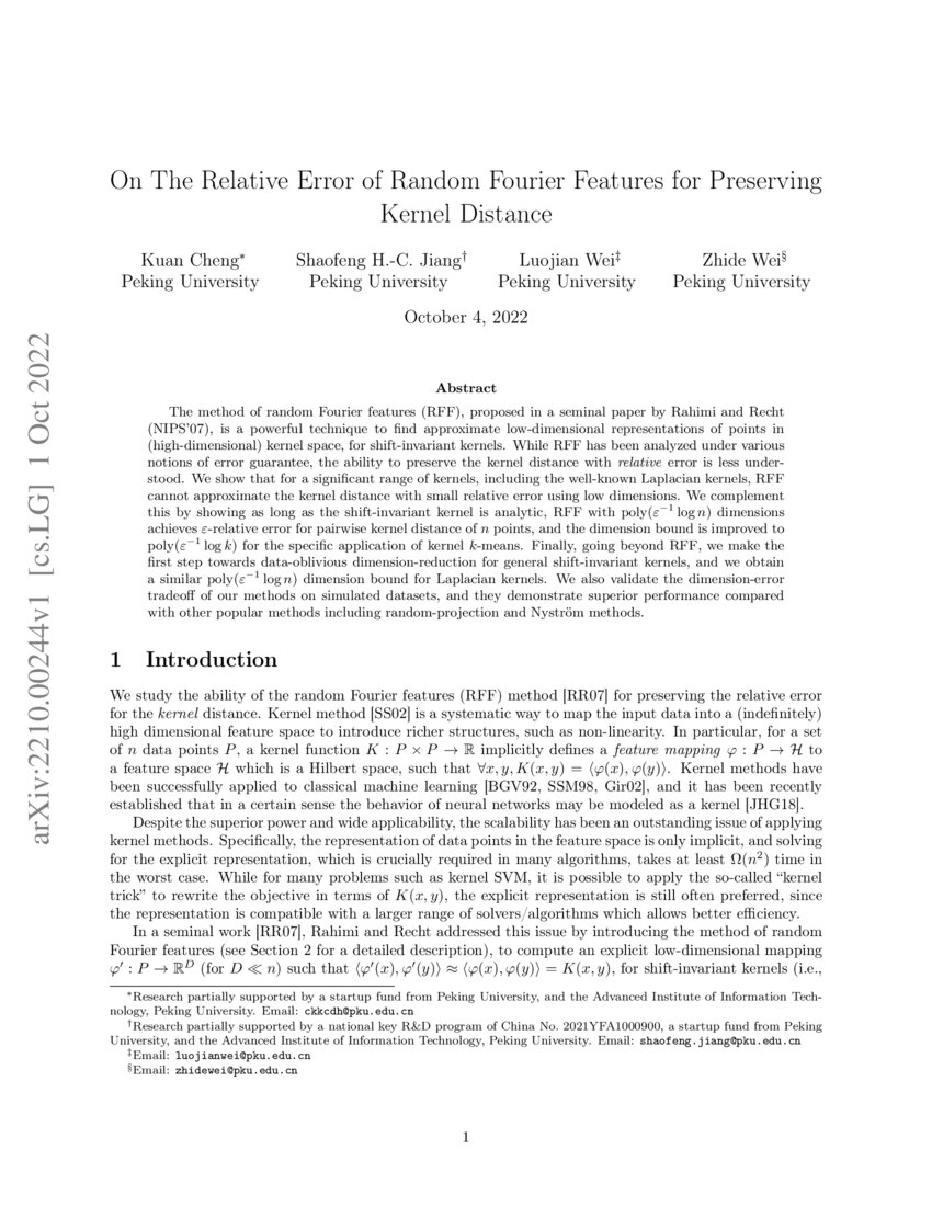 On The Relative Error Of Random Fourier Features For Preserving Kernel Distance Deepai 