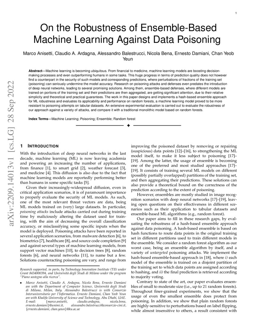 On the Robustness of Ensemble-Based Machine Learning Against Data Poisoning | DeepAI