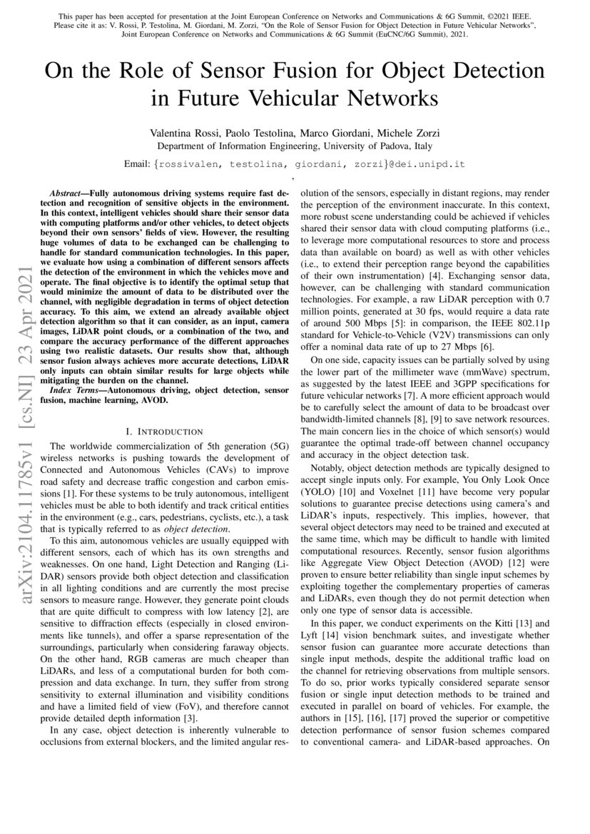 On the Role of Sensor Fusion for Object Detection in Future Vehicular ...