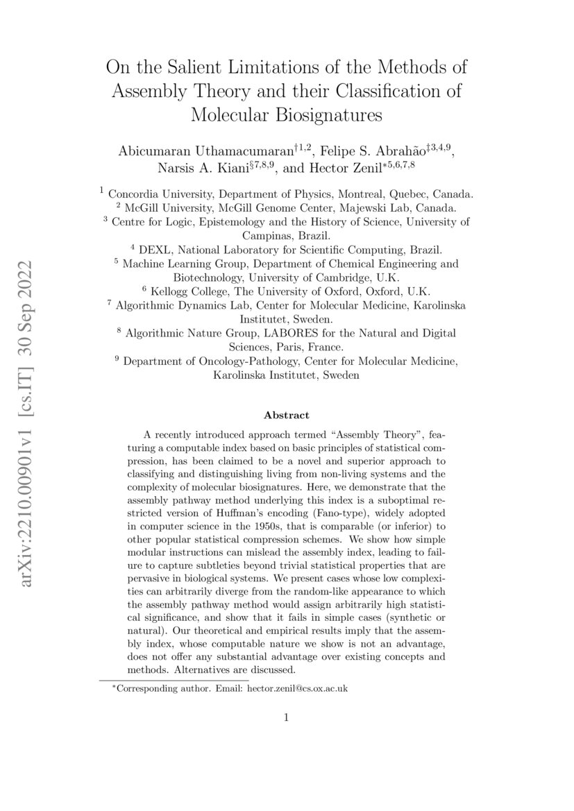 On the Salient Limitations of the Methods of Assembly Theory and their Classification of ...