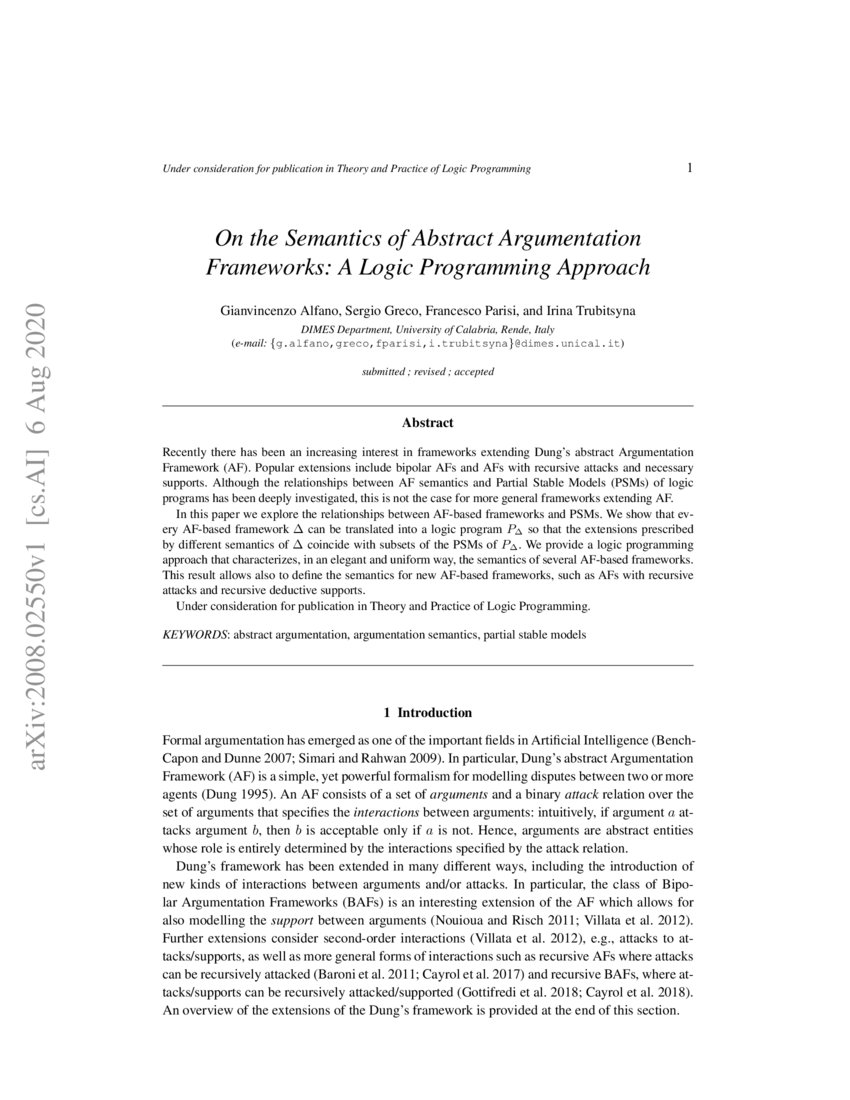 On The Semantics Of Abstract Argumentation Frameworks A Logic Programming Approach Deepai