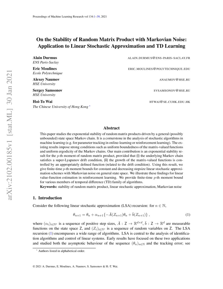 On the Stability of Random Matrix Product with Markovian Noise: Application to Linear Stochastic ...