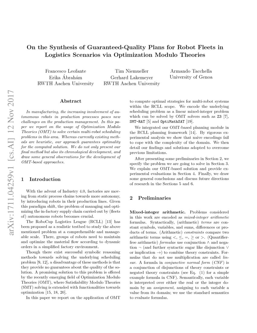 On The Synthesis Of Guaranteed Quality Plans For Robot Fleets In Logistics Scenarios Via 9832