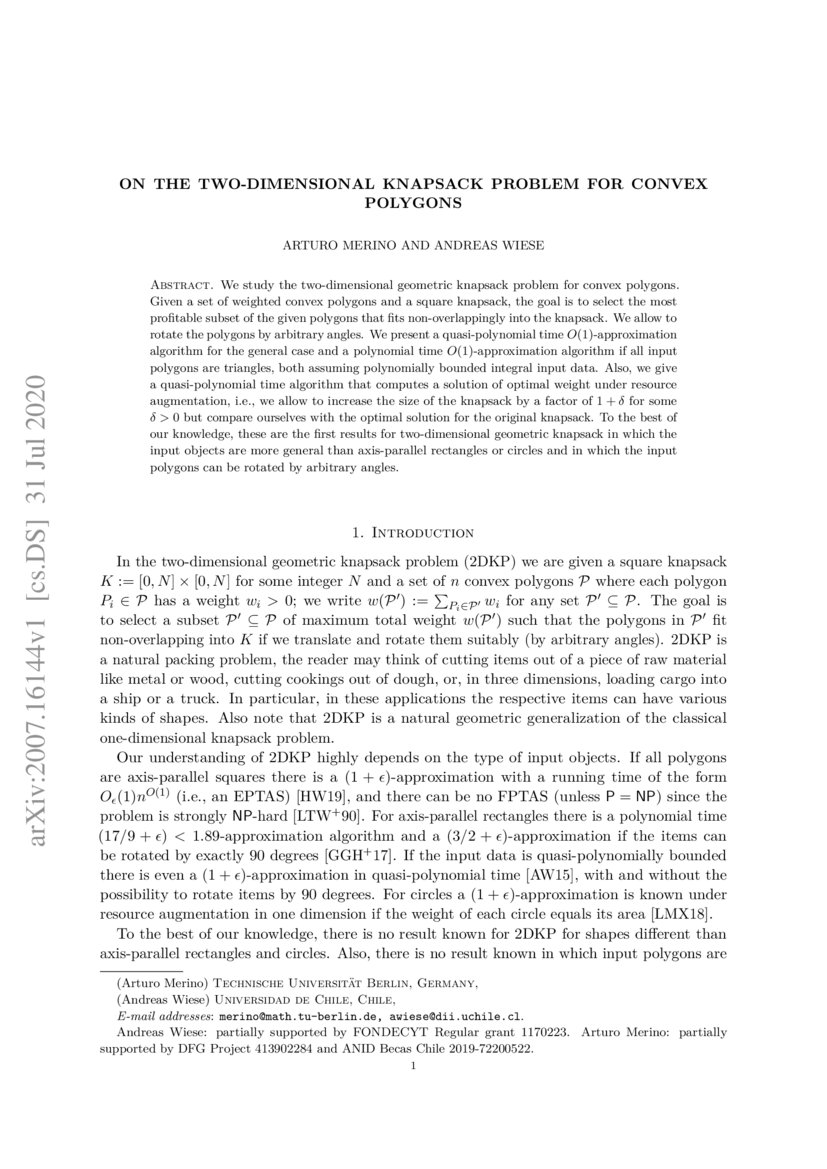 On The Two Dimensional Knapsack Problem For Convex Polygons Deepai