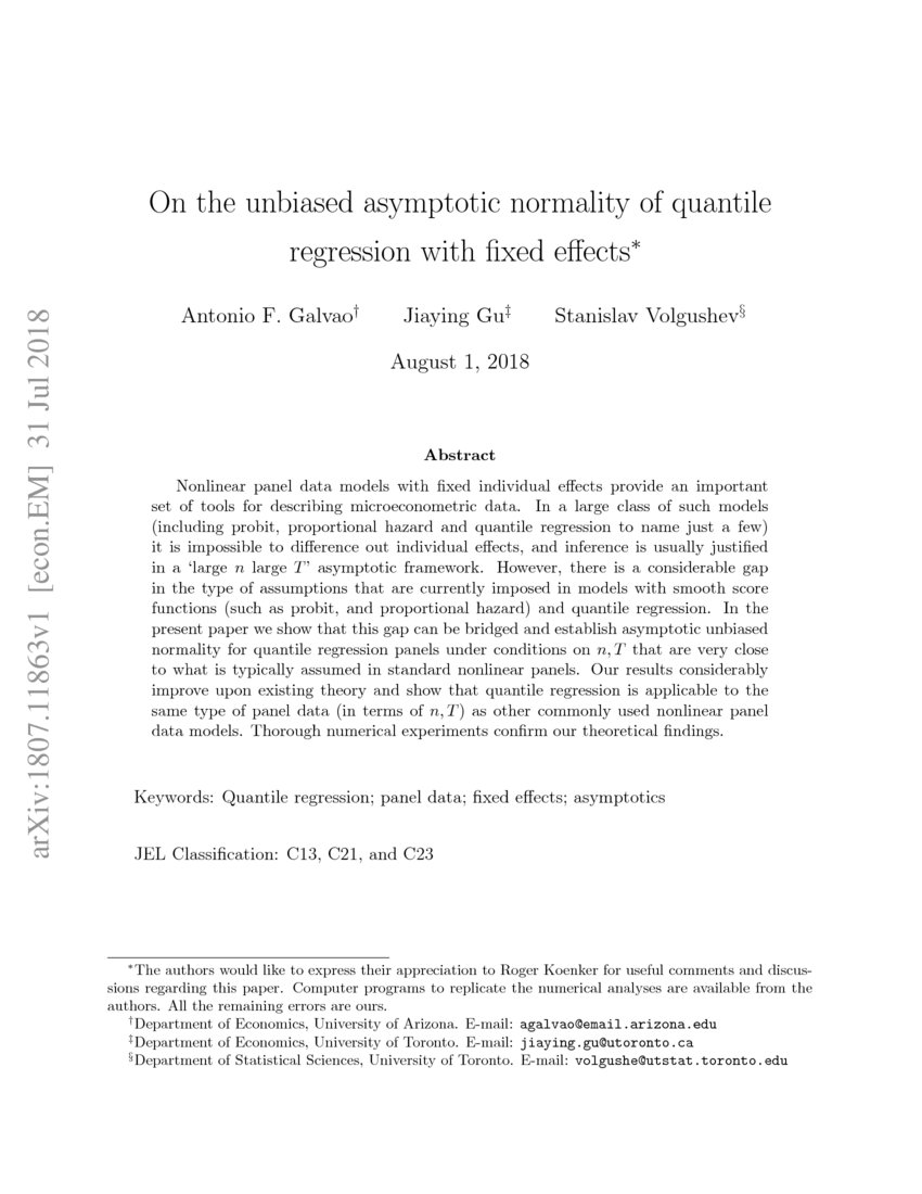 On the Unbiased Asymptotic Normality of Quantile Regression with Fixed Effects | DeepAI