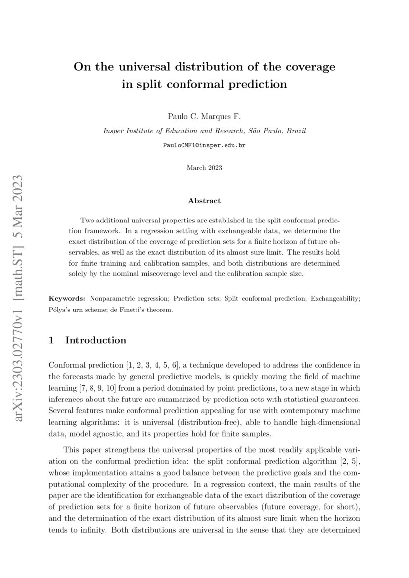 On the universal distribution of the coverage in split conformal prediction | DeepAI