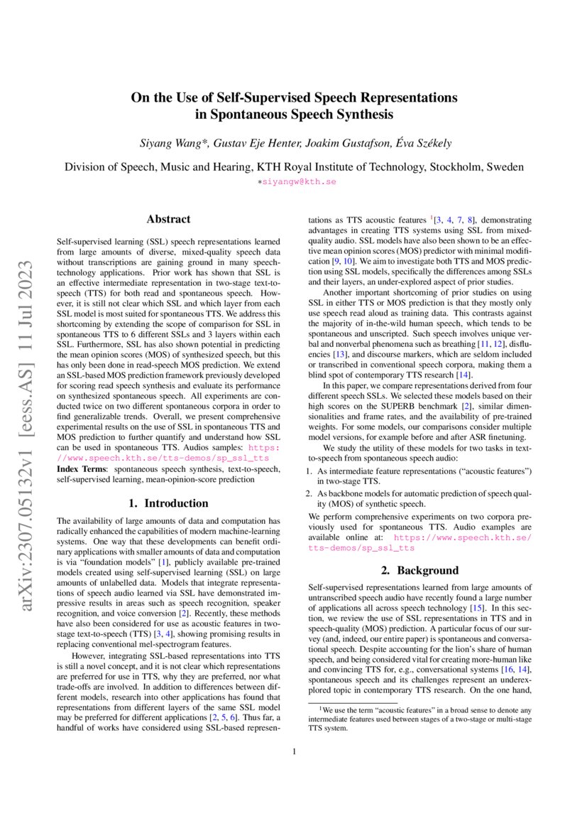 On the Use of Self-Supervised Speech Representations in Spontaneous Speech Synthesis | DeepAI