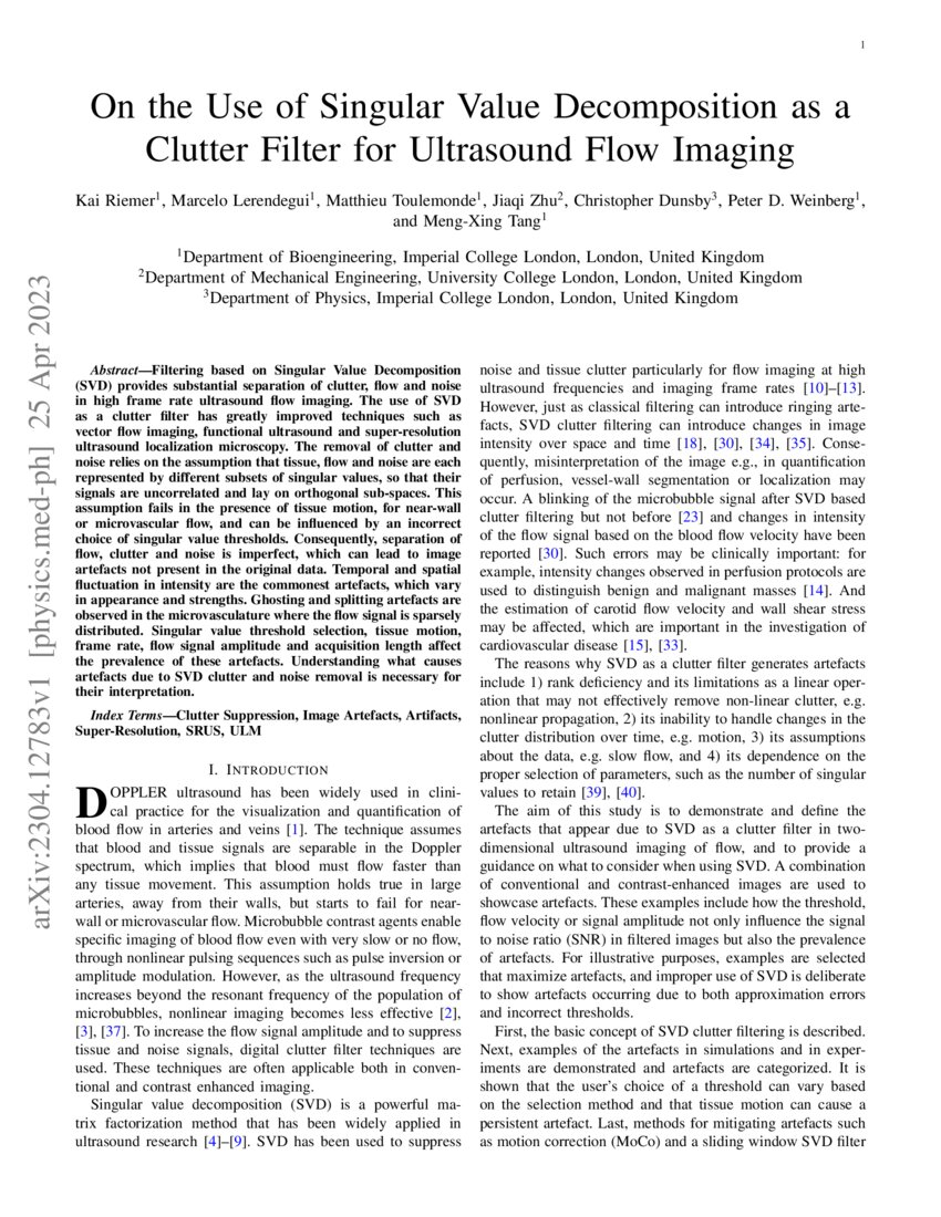 On the Use of Singular Value Decomposition as a Clutter Filter for Ultrasound Flow Imaging | DeepAI