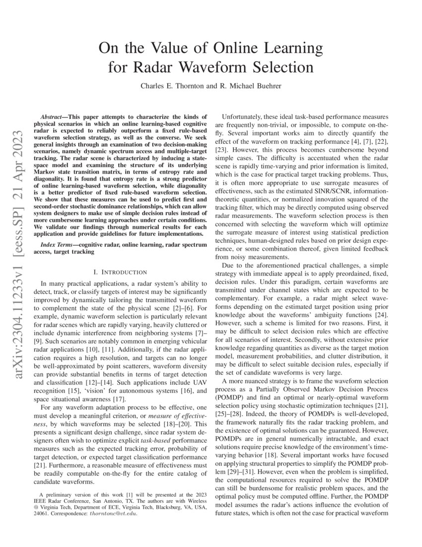 On the Value of Online Learning for Radar Waveform Selection | DeepAI
