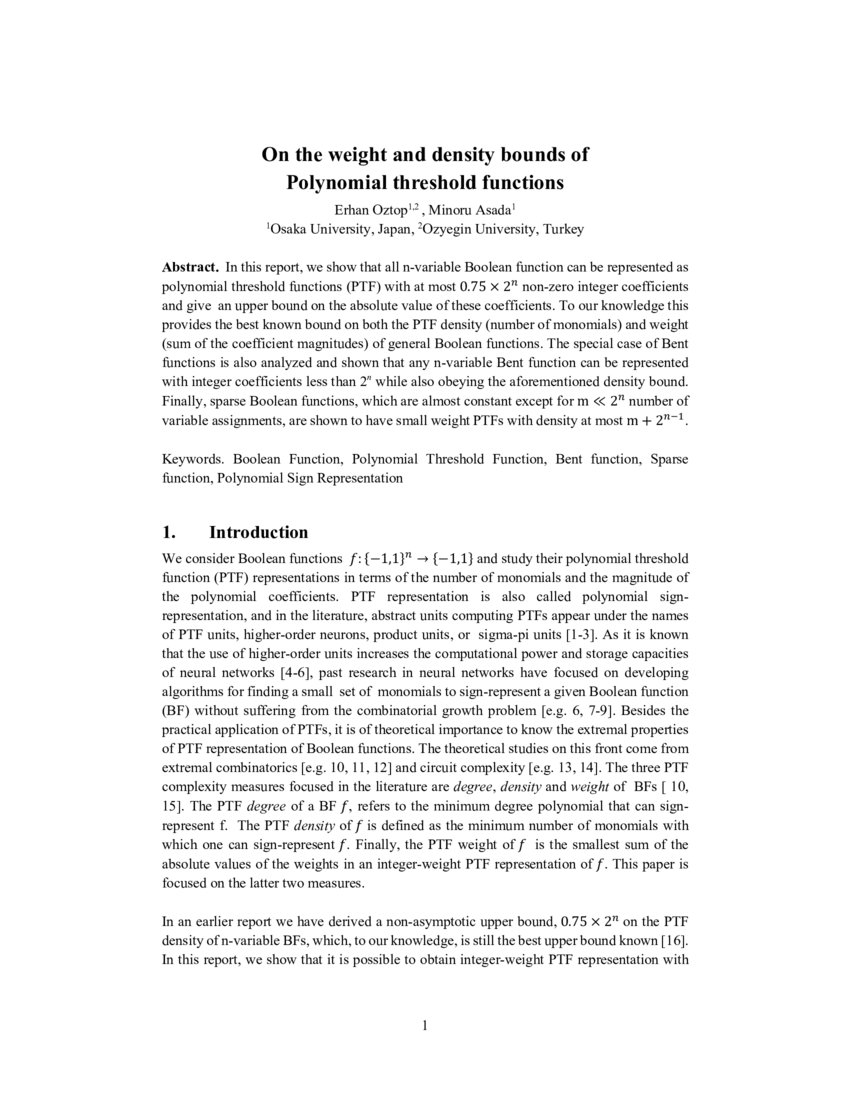 On The Weight And Density Bounds Of Polynomial Threshold Functions Deepai 