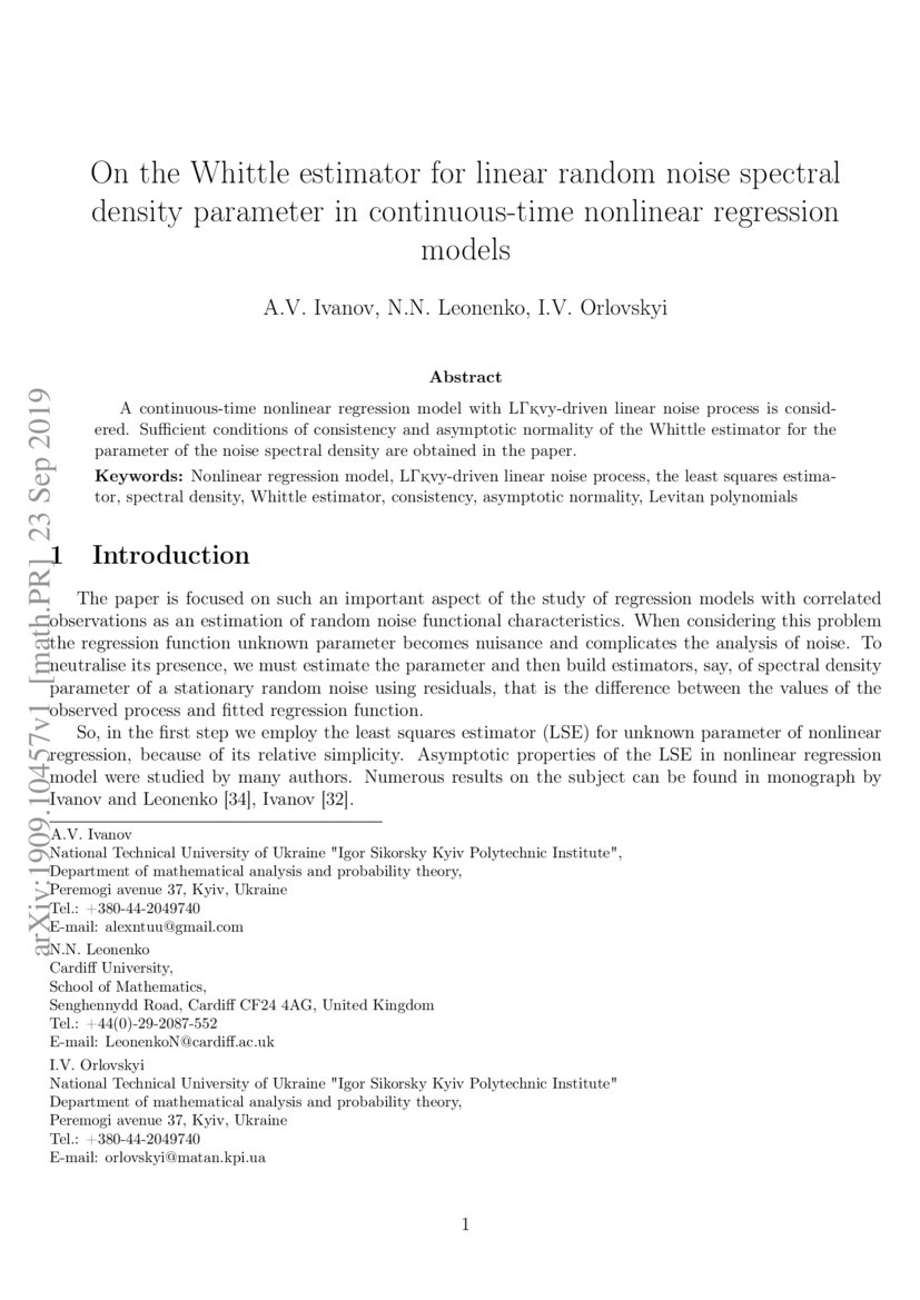 On the Whittle estimator for linear random noise spectral density parameter in continuous-time ...