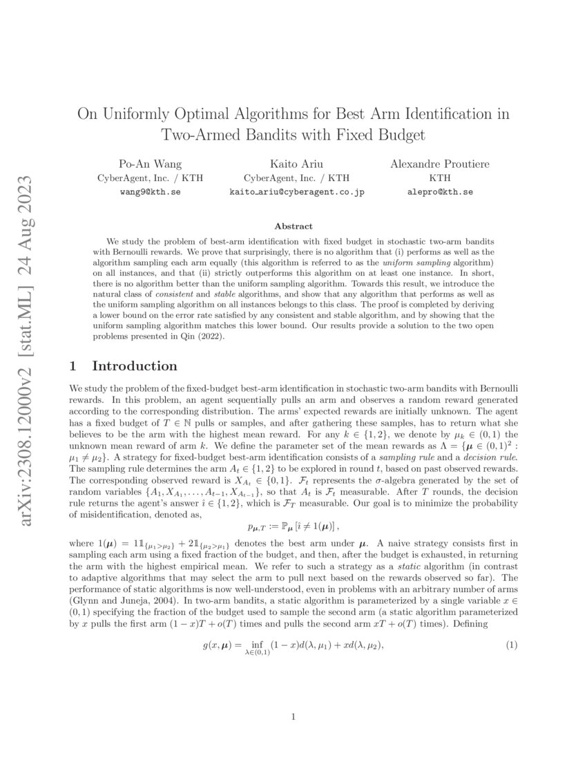 On Uniformly Optimal Algorithms For Best Arm Identification In Two Armed Bandits With Fixed