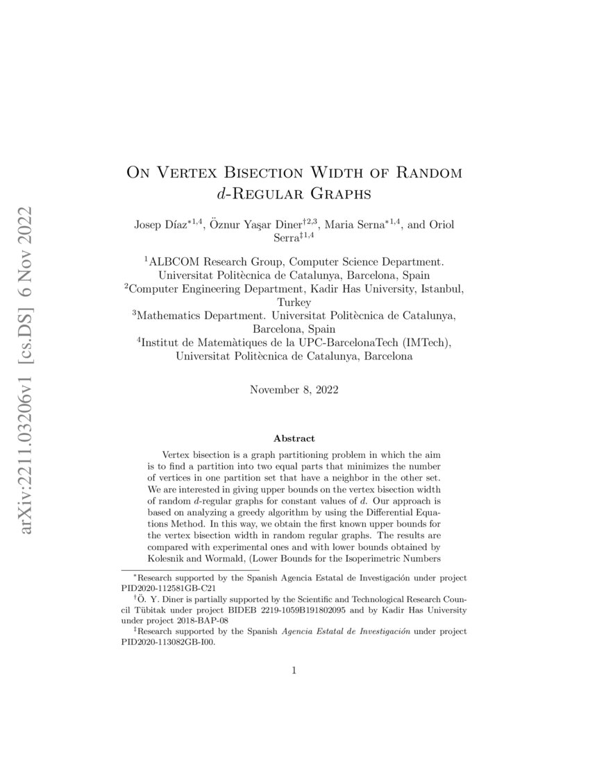 On Vertex Bisection Width Of Random D Regular Graphs Deepai 
