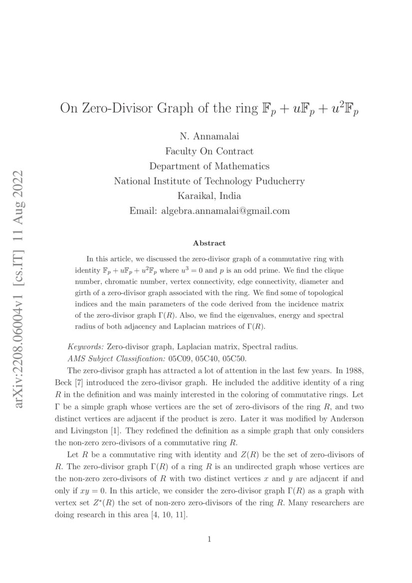 On Zero-Divisor Graph of the ring 𝔽_p+u𝔽_p+u^2 𝔽_p | DeepAI