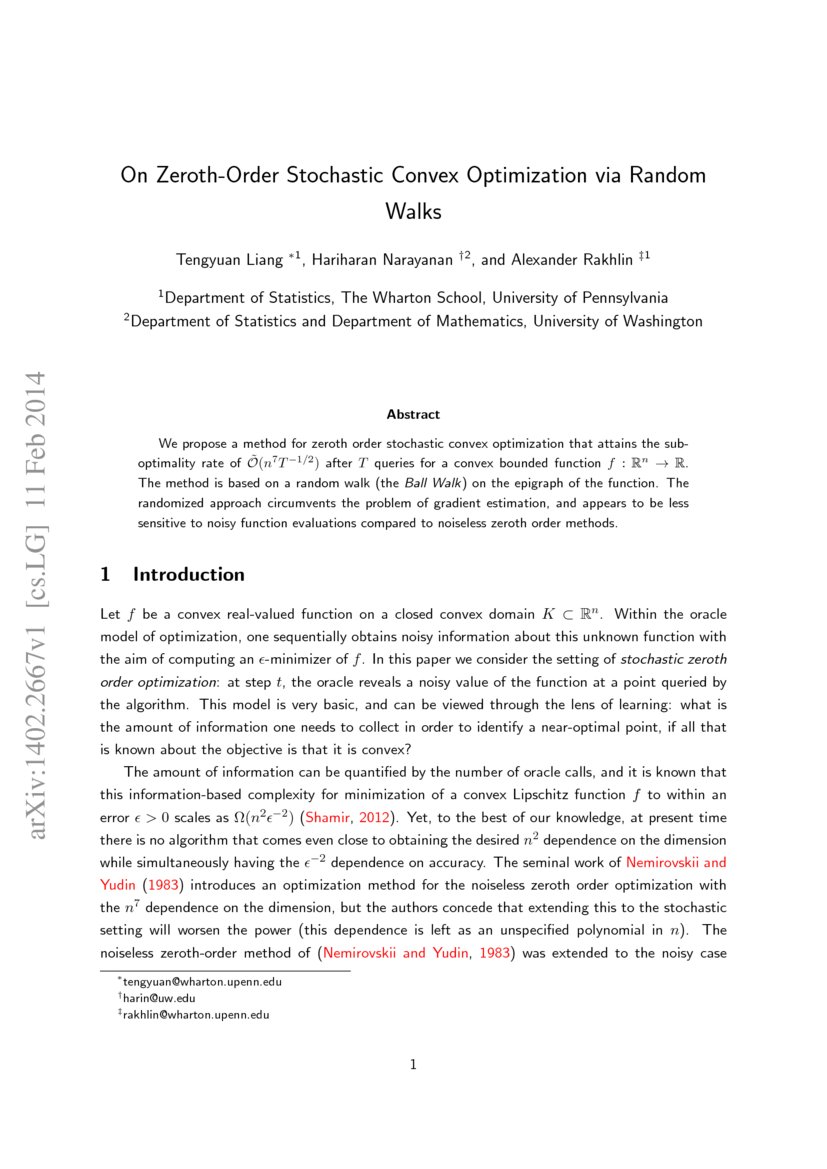 On Zeroth Order Stochastic Convex Optimization Via Random Walks Deepai