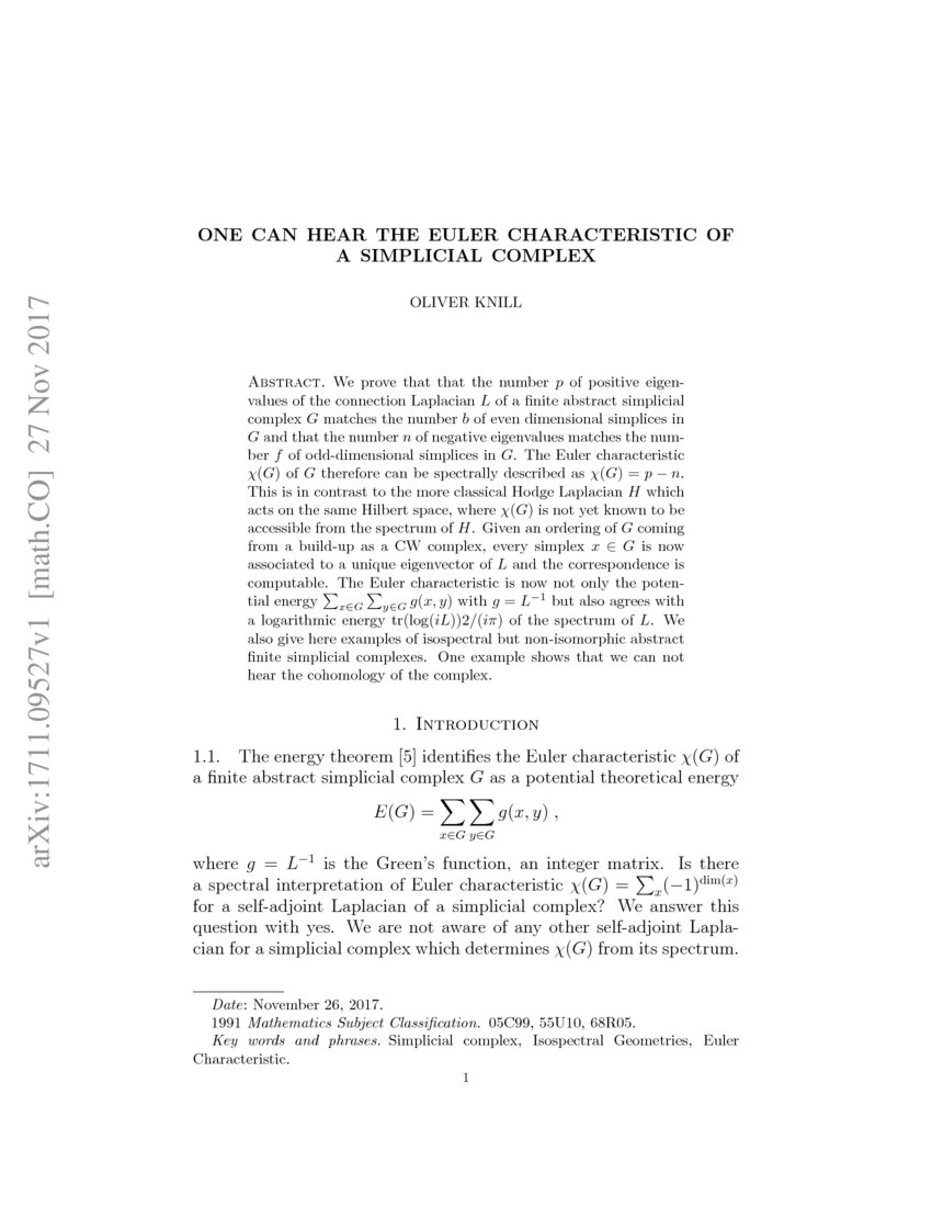 One Can Hear The Euler Characteristic Of A Simplicial Complex Deepai 