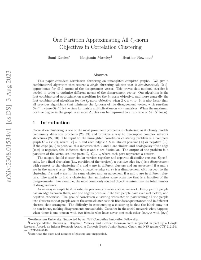 One Partition Approximating All ℓp Norm Objectives In Correlation Clustering Deepai 6573