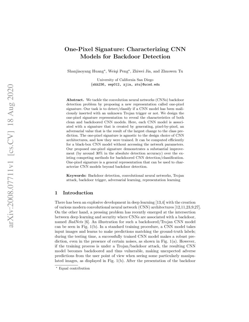 One-pixel Signature: Characterizing CNN Models for Backdoor Detection ...