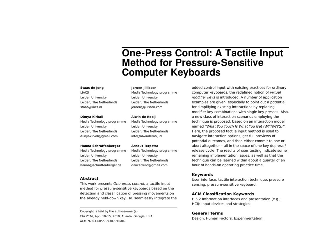 One-press control: a tactile input method for pressure-sensitive ...