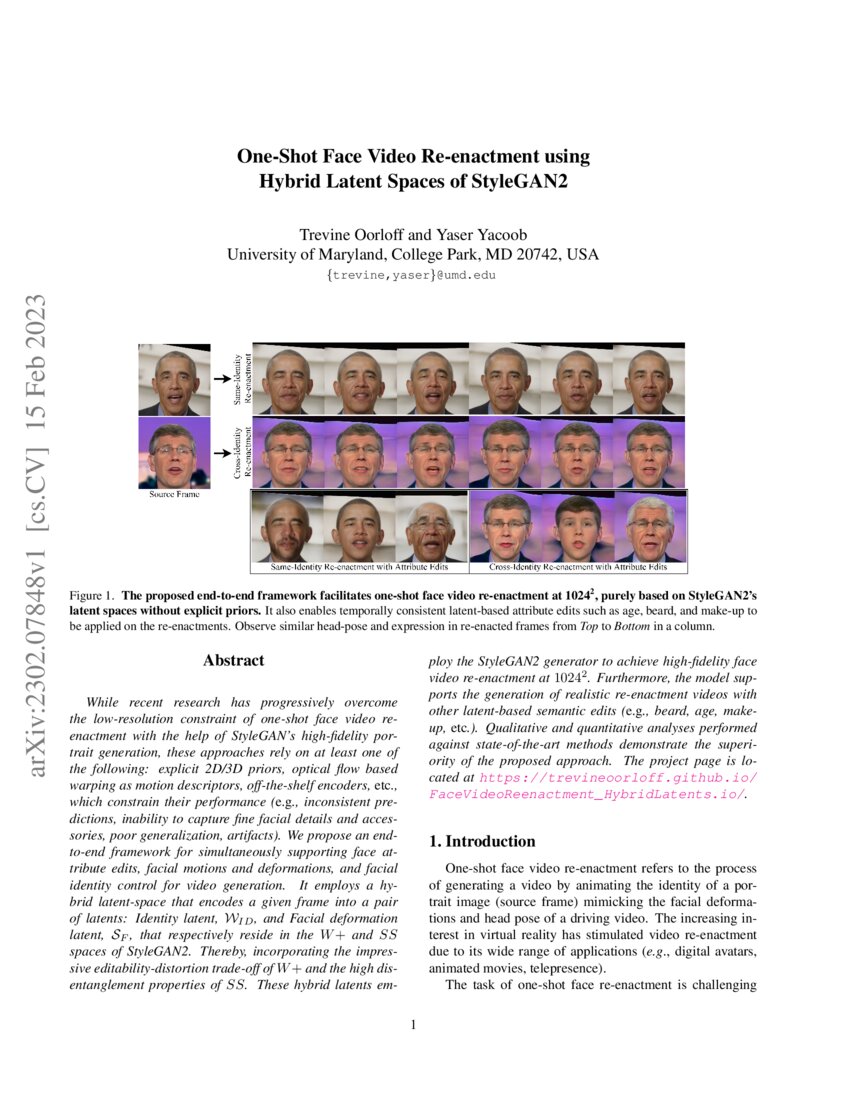 One Shot Face Video Re Enactment Using Hybrid Latent Spaces Of Stylegan2 Deepai