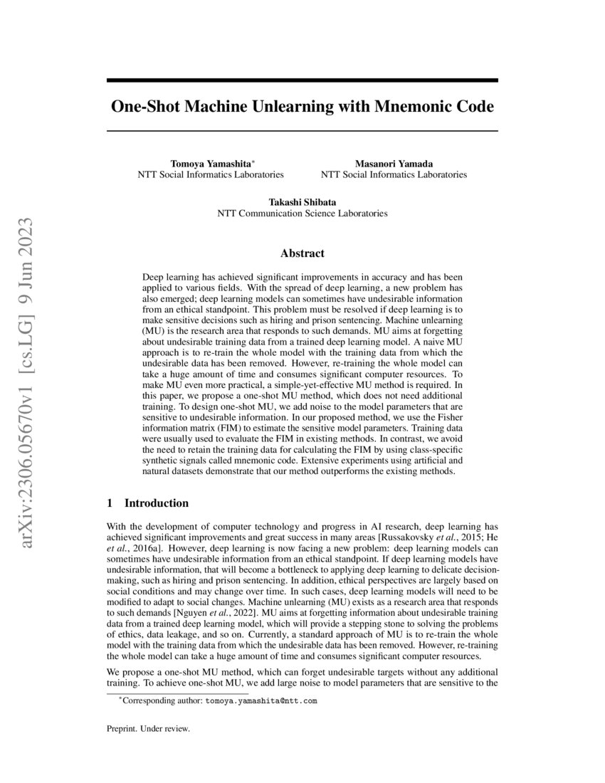 One-Shot Machine Unlearning with Mnemonic Code | DeepAI