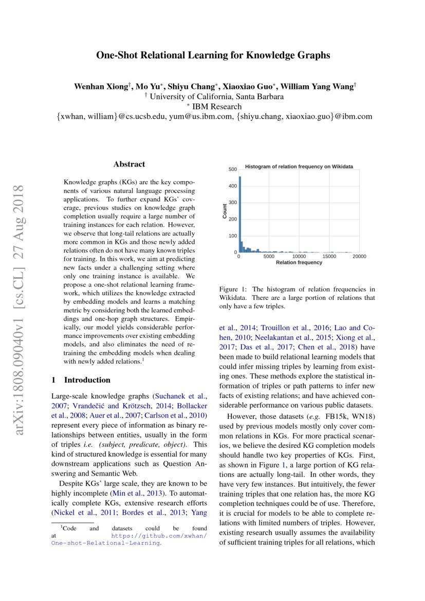 One-Shot Relational Learning for Knowledge Graphs | DeepAI