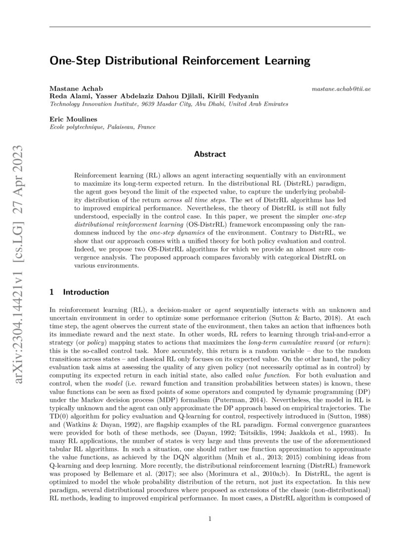 One Step Distributional Reinforcement Learning Deepai
