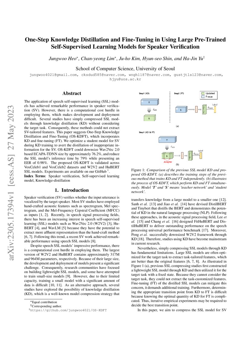 One Step Knowledge Distillation And Fine Tuning In Using Large Pre Trained Self Supervised