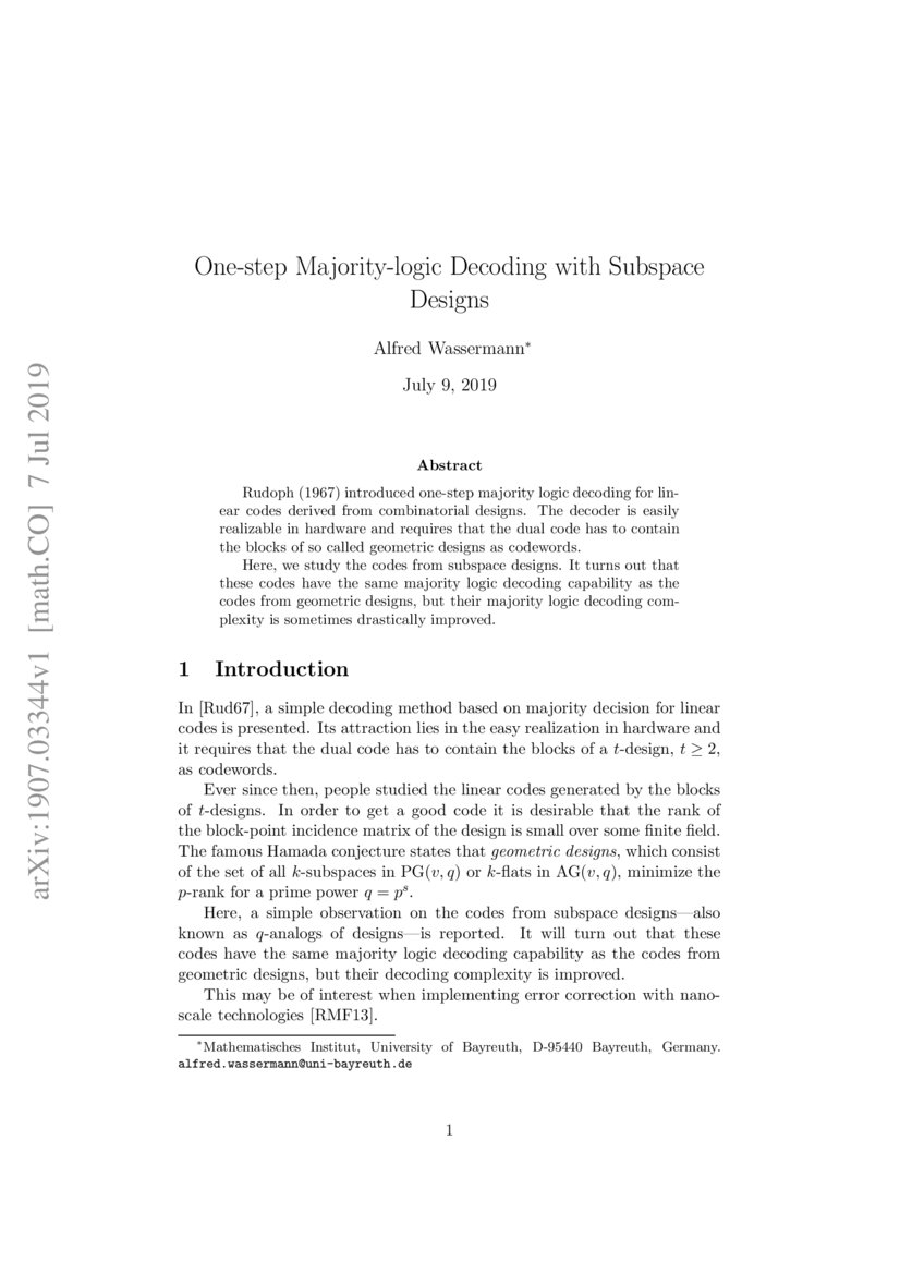 One-step Majority-logic Decoding with Subspace Designs | DeepAI