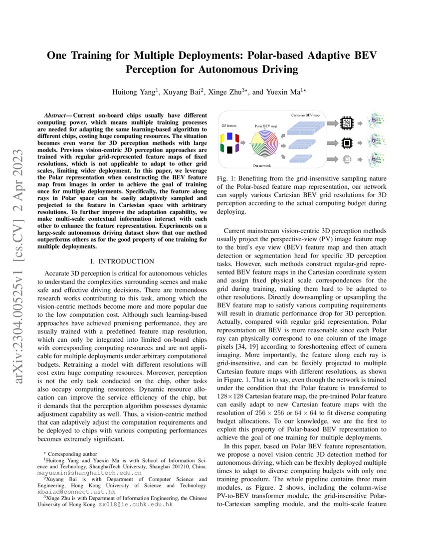 One Training for Multiple Deployments: Polar-based Adaptive BEV Perception for Autonomous ...