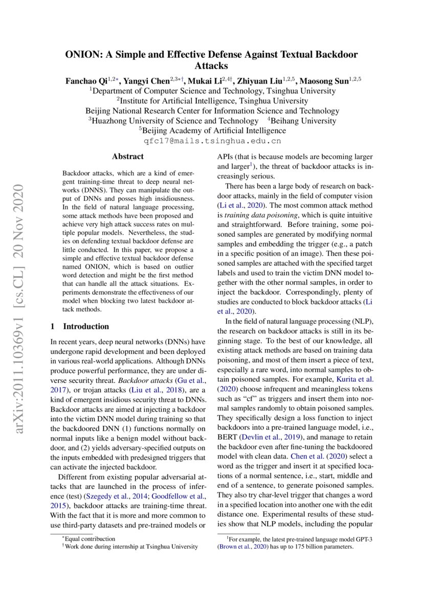 ONION: A Simple and Effective Defense Against Textual Backdoor Attacks | DeepAI