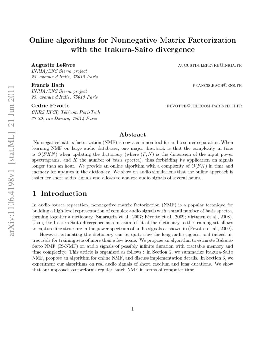 Online algorithms for Nonnegative Matrix Factorization with the Itakura-Saito divergence | DeepAI