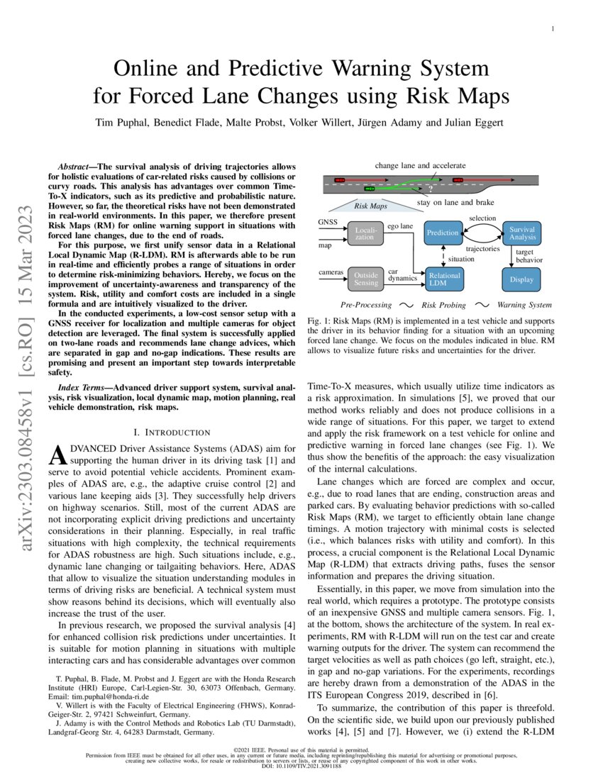 Online and Predictive Warning System for Forced Lane Changes using Risk Maps | DeepAI