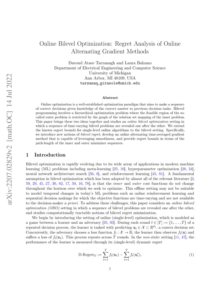 Online Bilevel Optimization Regret Analysis Of Online Alternating Gradient Methods Deepai