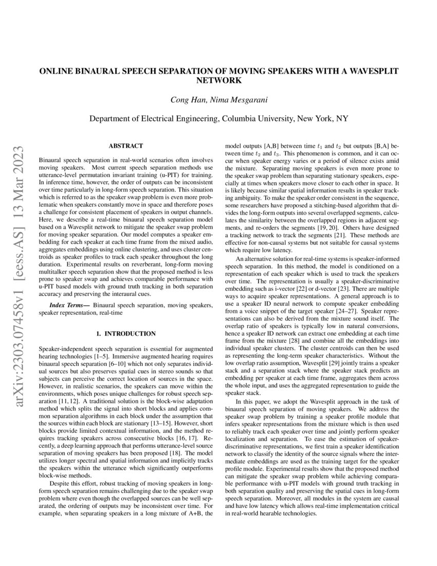 Online Binaural Speech Separation Of Moving Speakers With A Wavesplit Network Deepai