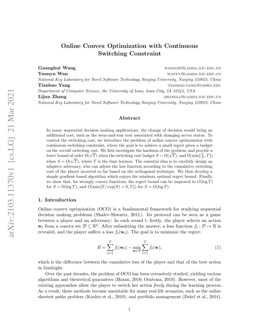 Online Convex Optimization With Continuous Switching Constraint Deepai