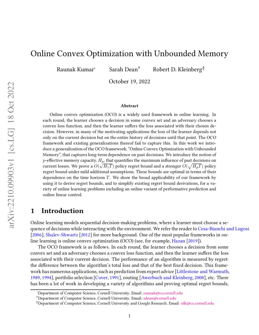 Online Convex Optimization With Unbounded Memory Deepai